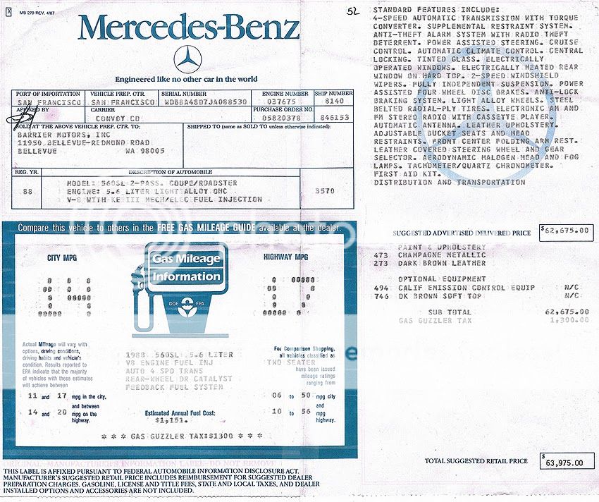 1988 560SL Window Sticker | Mercedes-Benz Forum